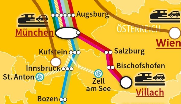 Autoreisezug nach Österreich (Villach, Innsbruck, Wien)